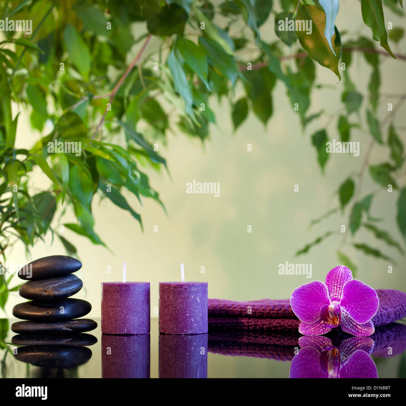 Spa still life with zen stones aromatic candles and orchid Stock Photo ...