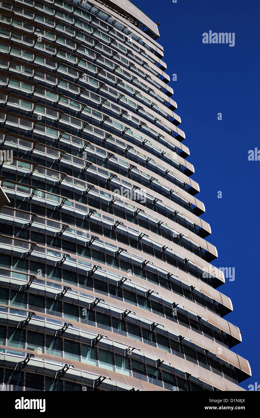 Perspective and underside angle view of modern glass building ...