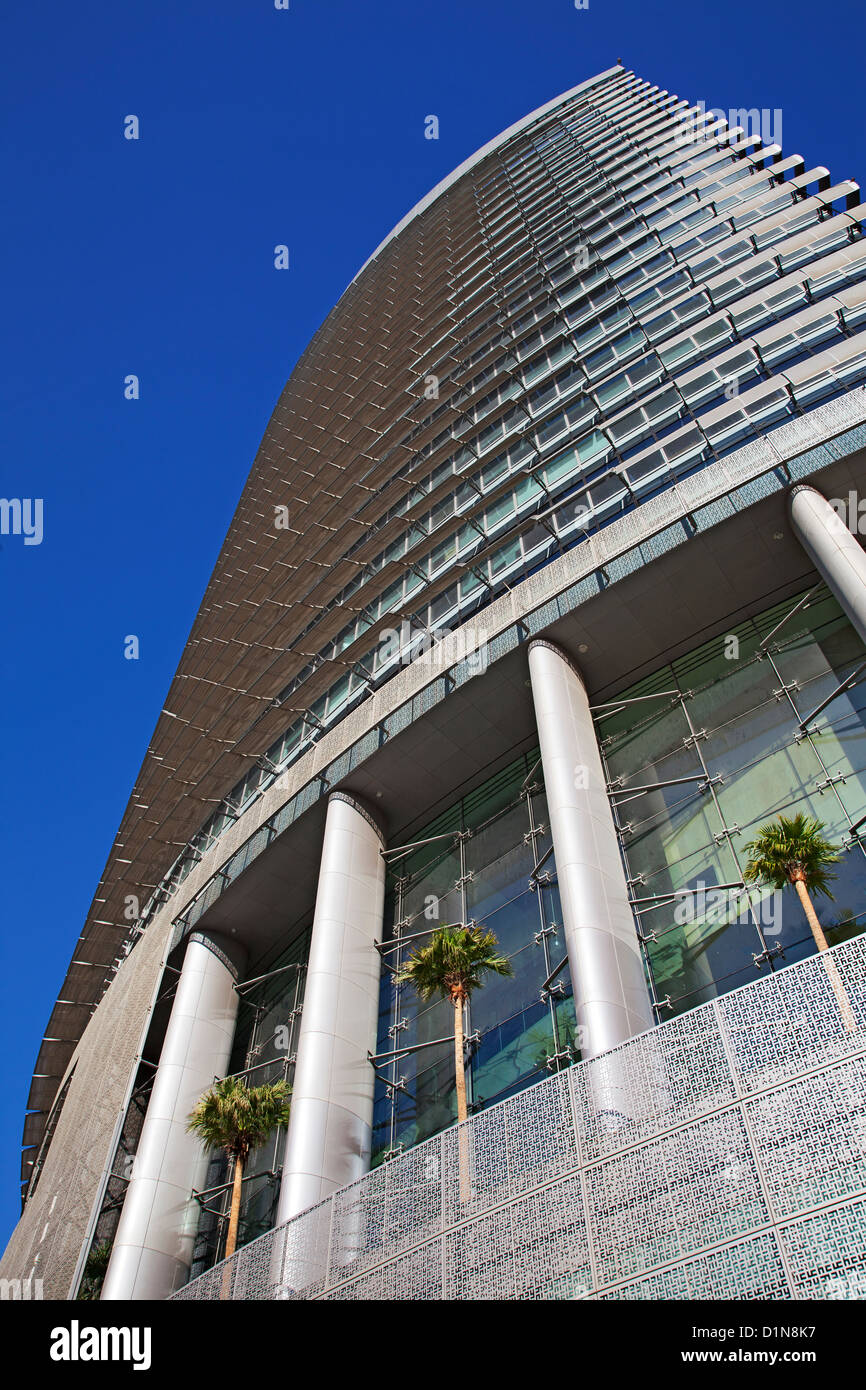 Perspective and underside angle view of modern glass building ...