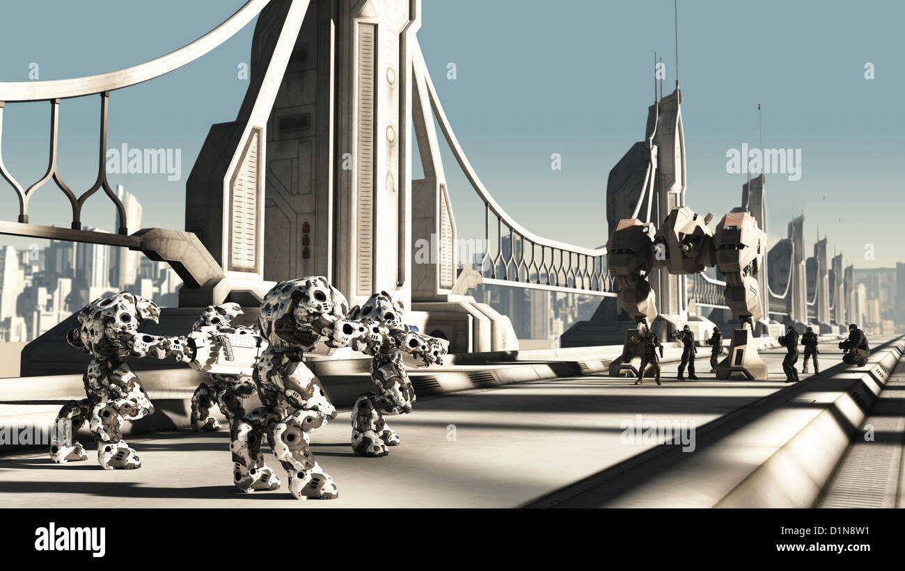 Skyway Standoff - Alien Battle Droids and Space Marines Stock Photo - Alamy
