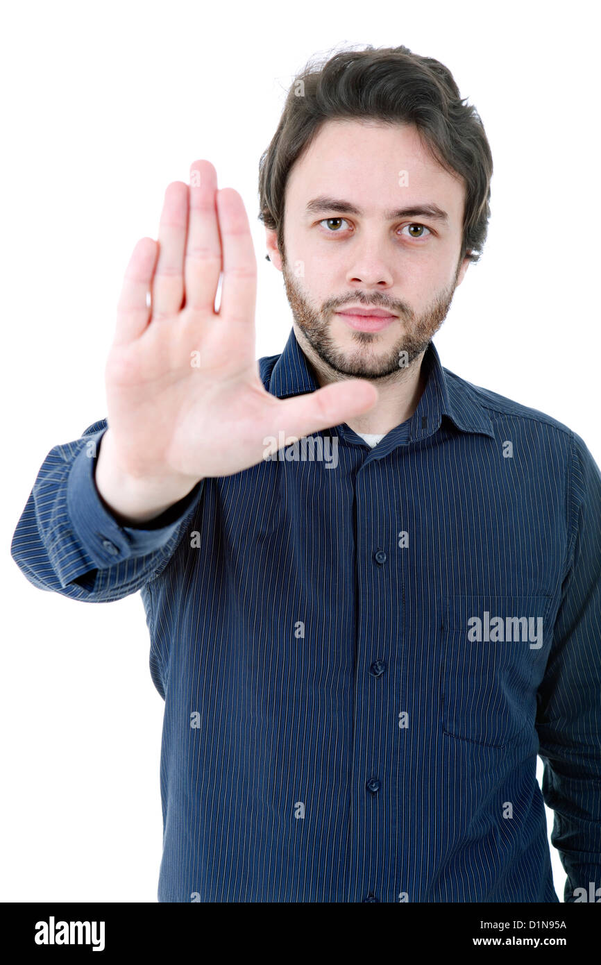 young man making stop with his hand, isolated Stock Photo - Alamy