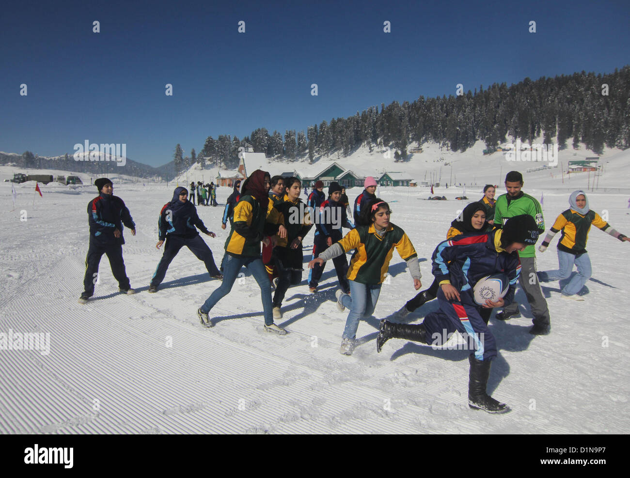 Dec. 31, 2012 - Kashmiri muslim School girls playing rugby at Gulmarg ...