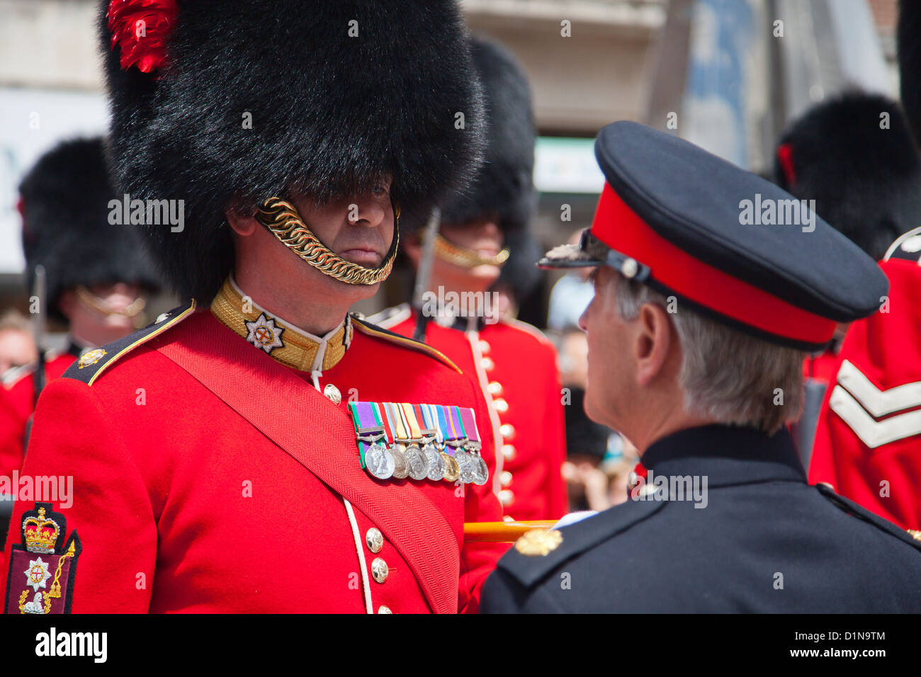 A member of the Coldstream Guards is inspected by a senior officer ...