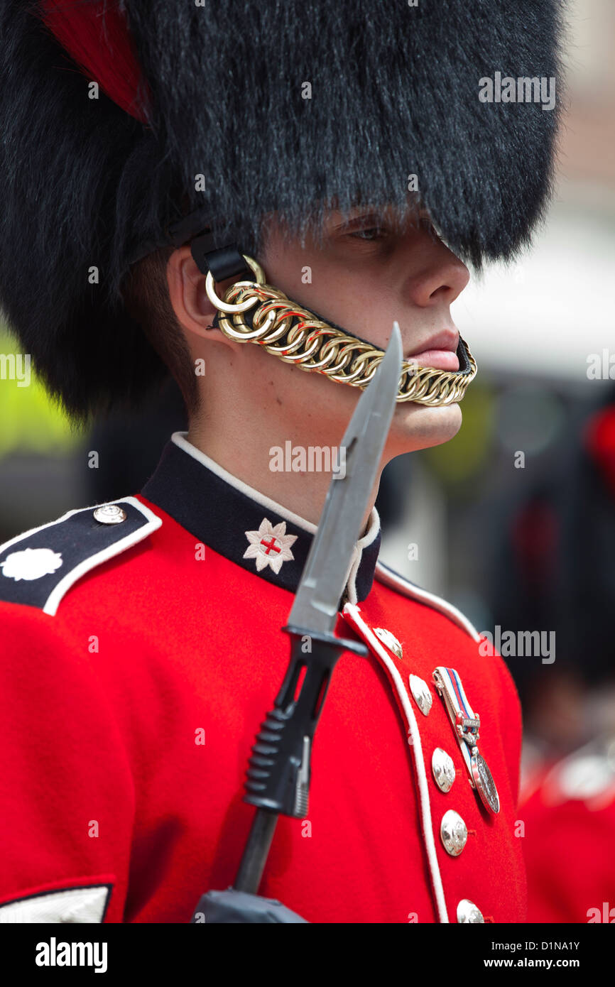 A member of the Coldstream Guards on parade with bayonet in Exeter, UK ...