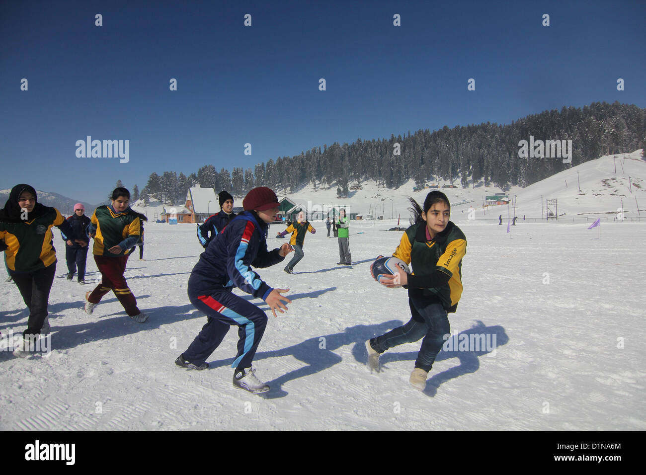 Dec. 31, 2012 - Kashmiri muslim School girls playing rugby at Gulmarg ...