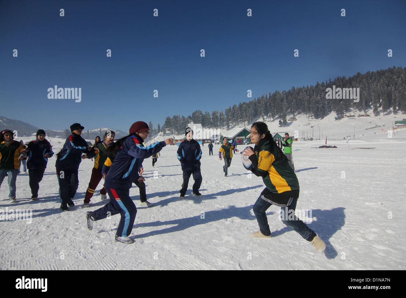 Dec. 31, 2012 - Kashmiri muslim School girls playing rugby at Gulmarg ...
