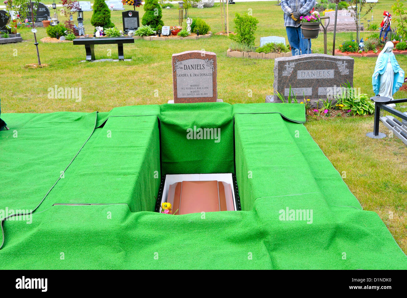 Funeral ending at cemetary gravesite with mourners and pallbearers ...
