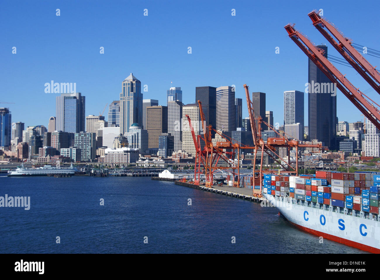 SEATTLE WASHINGTON 27 JUN 2008 - Container ship and dockyard cranes ...