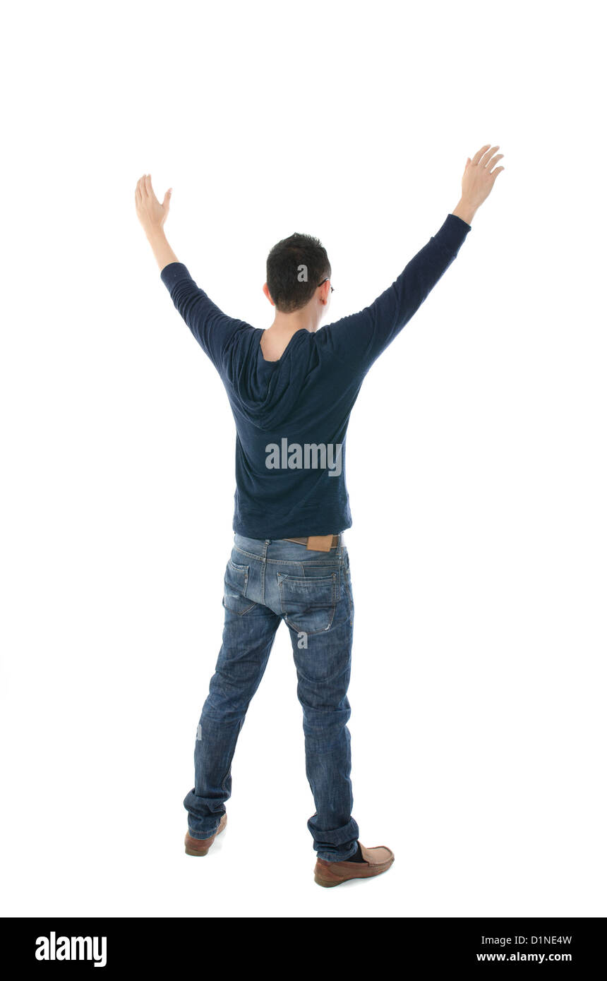 south east asian man hands raised from back Stock Photo - Alamy