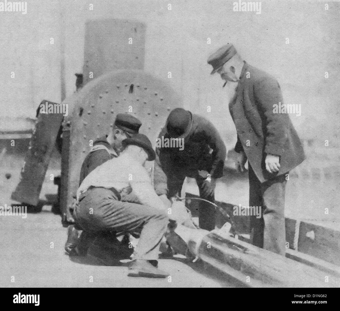 Fitting the gaff in working order - maintaining sailing ship, circa ...