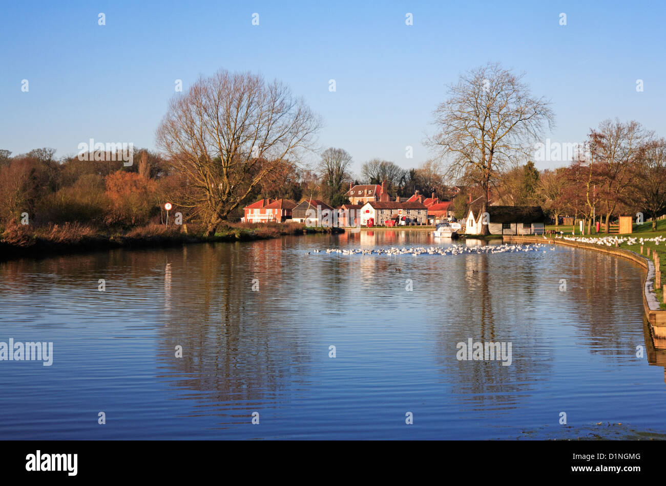A view of the River Bure on the Norfolk Broads in winter with gulls and ...
