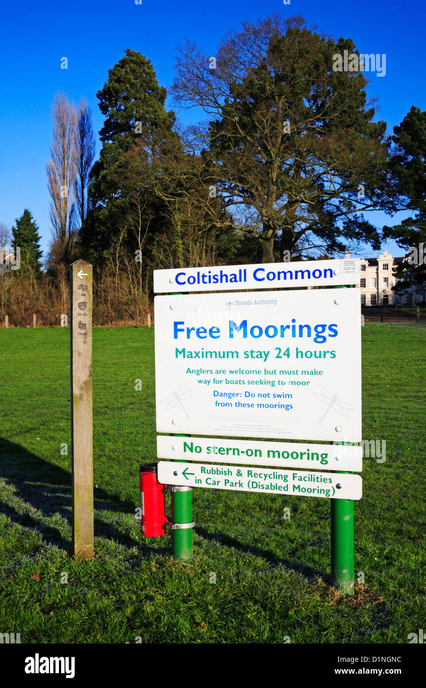 A sign indicating free moorings by the river Bure at Coltishall Common ...
