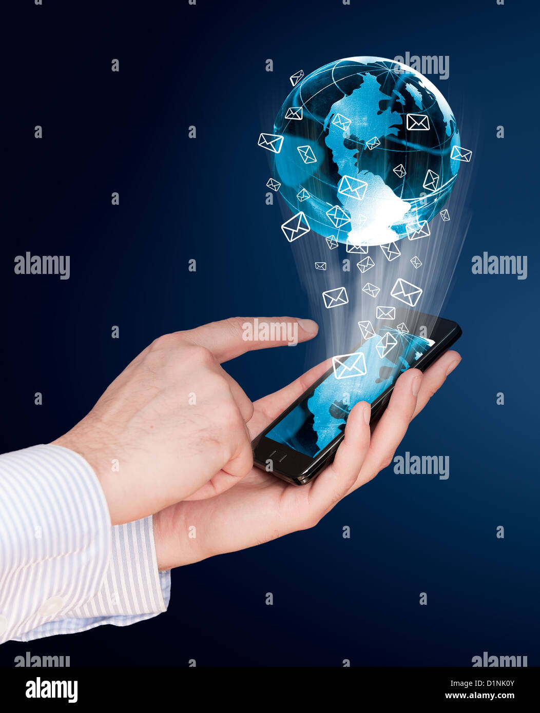 Touch screen mobile phone send mail world Stock Photo - Alamy