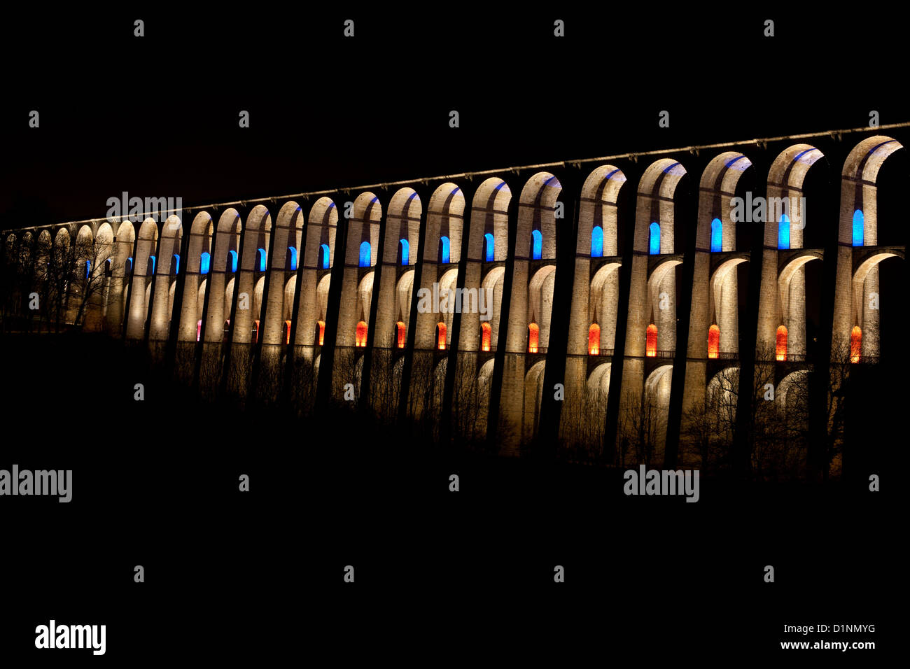 Led lights illuminating the Chaumont Viaduct. Historic railroad viaduct ...