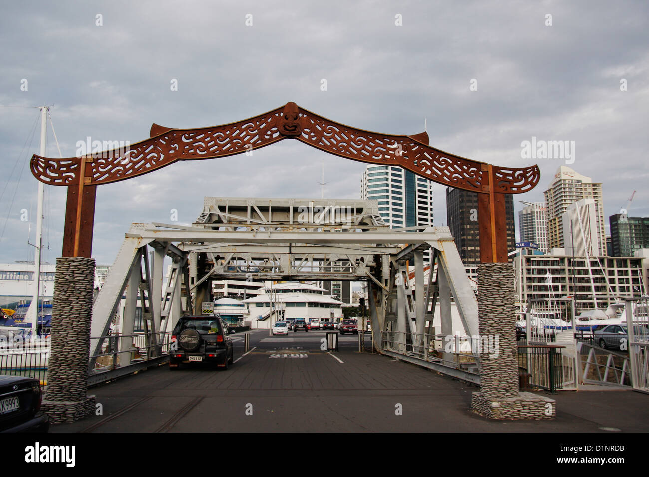 A carved wooden Maori gate at Viaduct Harbour in Auckland Stock Photo ...