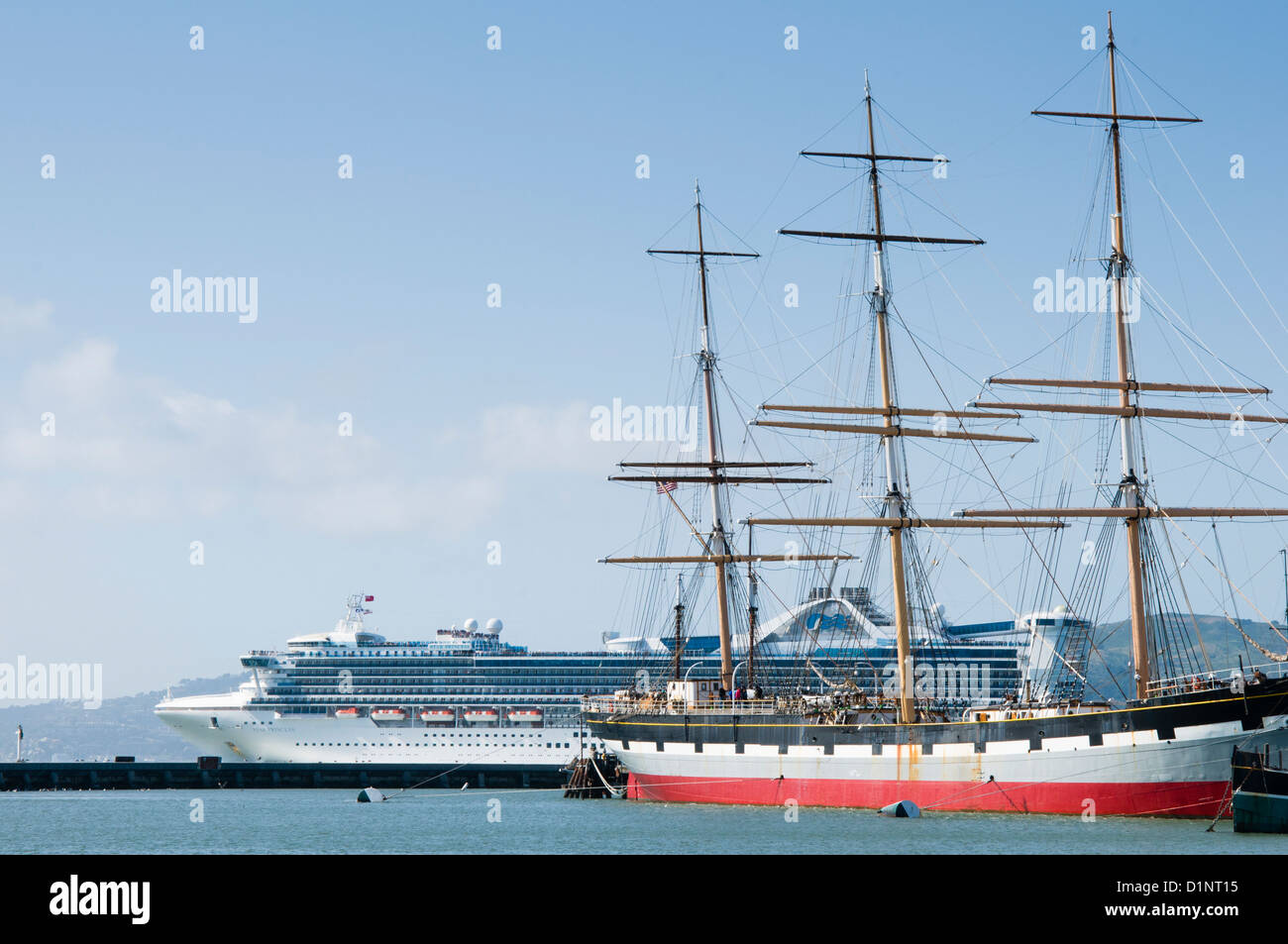 Balclutha ship of Hyde Street Pier with a cruise ship passing in the ...