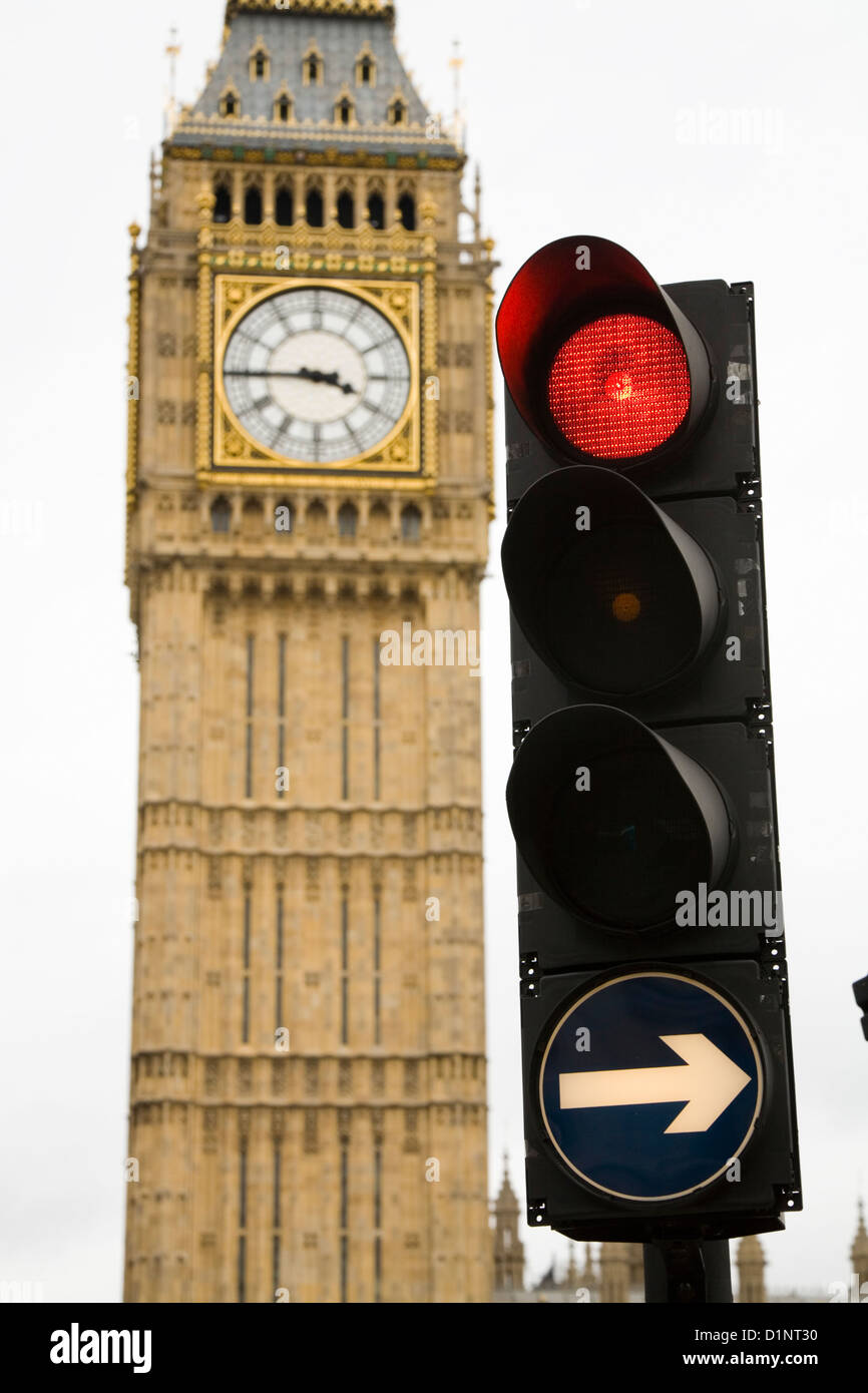 Red for stop British traffic light / signal in London, with Big Ben ...