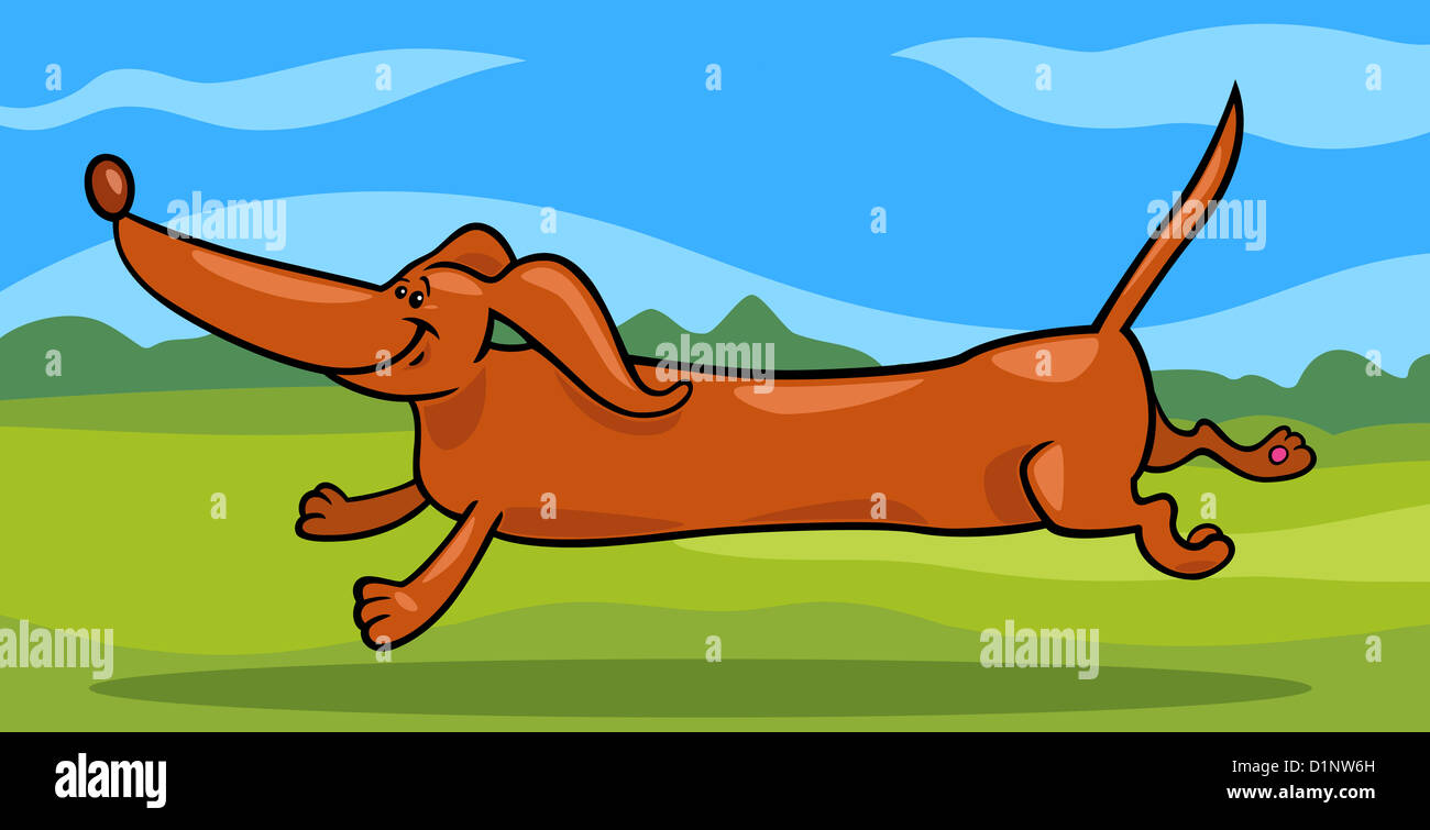 Cartoon Illustration of Cute Running Dachshund Dog against Rural Scene ...