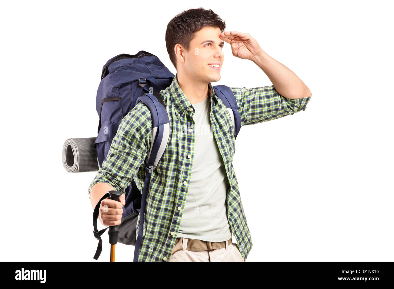 A hiker with backpack looking isolated on white background Stock Photo ...