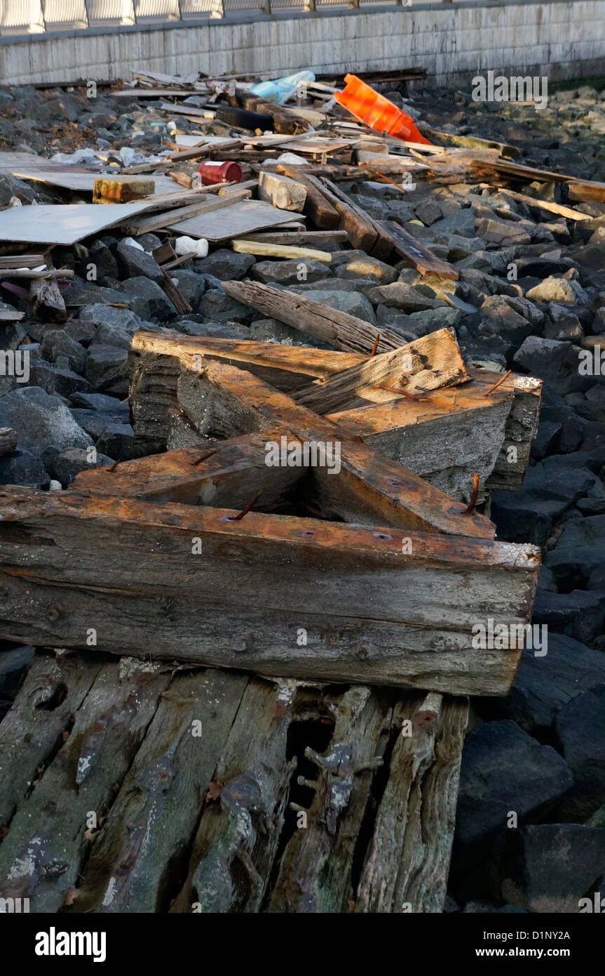 Hurricane Sandy debris on the East River in New York, NY Stock Photo ...
