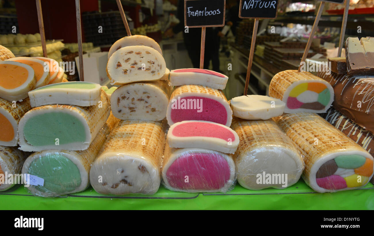 Marzipan confectionery in shop window in Historic Centre of Brugge ...