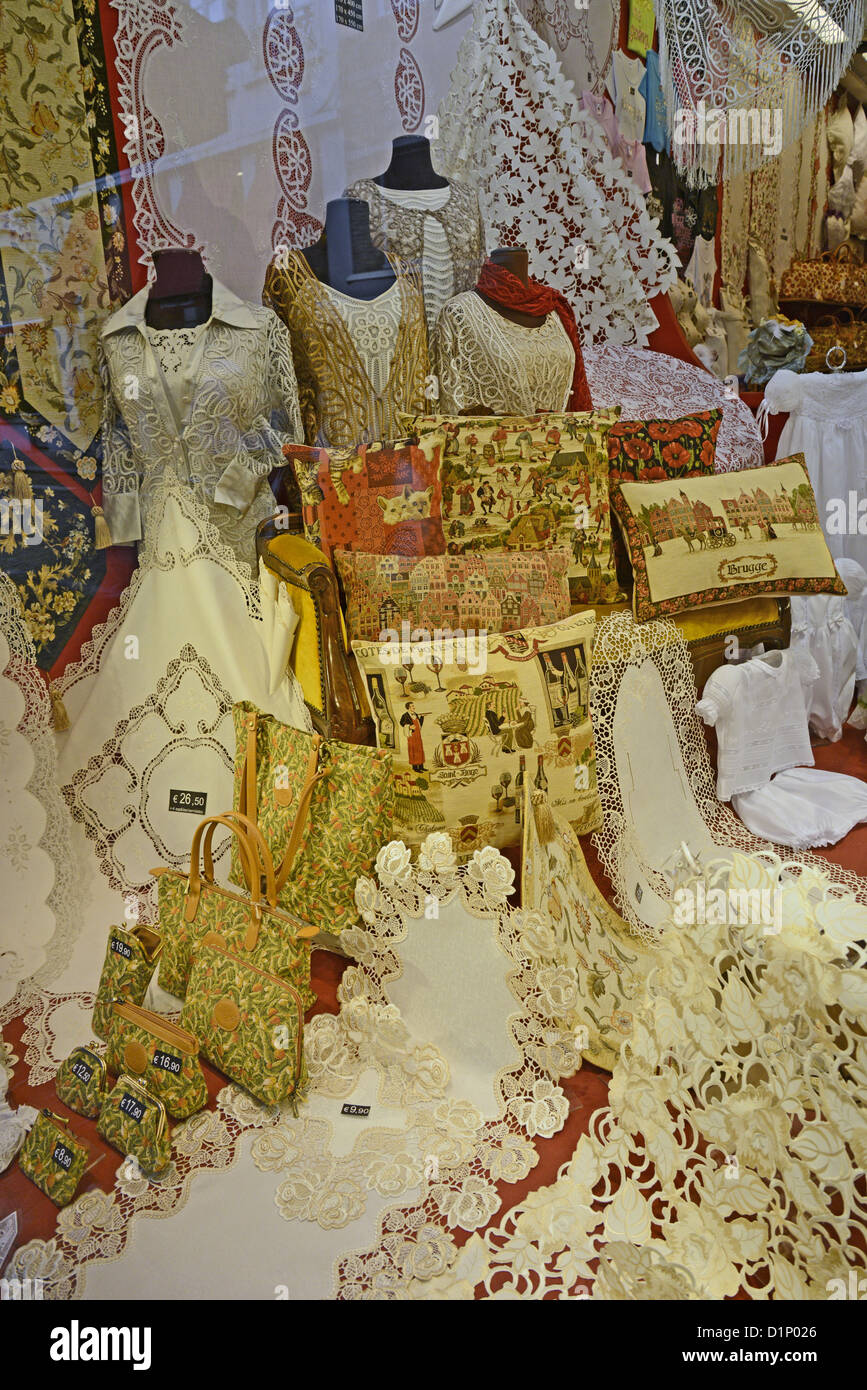 Begium lace in shop window in Historic Centre of Brugge, Bruges, West ...