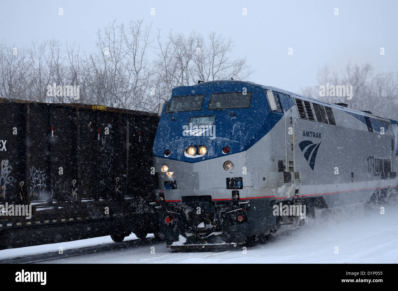 Amtrak passenger train speeds though small town in upstate NY Stock ...