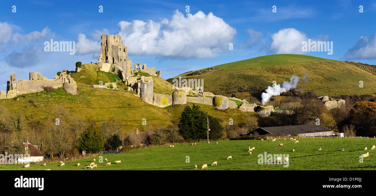 The ancient ruins of Corfe Castle near Swanage on the Isle of Purbeck ...