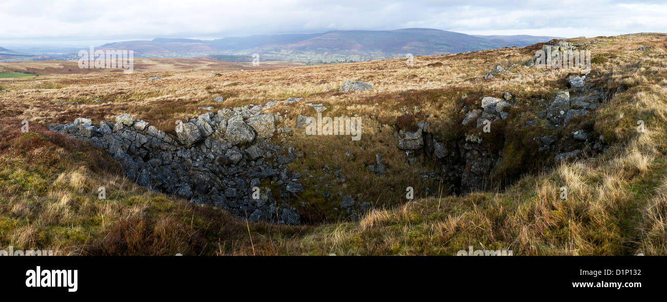 A panoramic image of a sinkhole on the rugged Llangynidr Moors in Powys ...