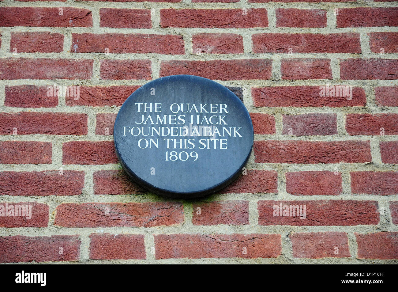 Plaque in memory of James hack founding a bank, outside Barclays Bank ...