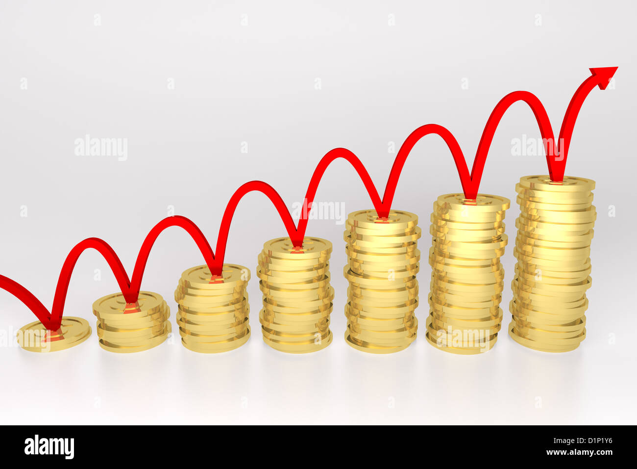 3d render illustration of red line bouncing on stack of gold coins ...