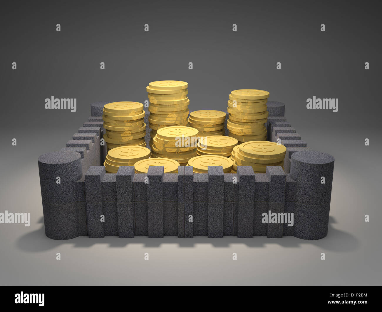 3d render illustration of heaps of gold coins protected inside a ...