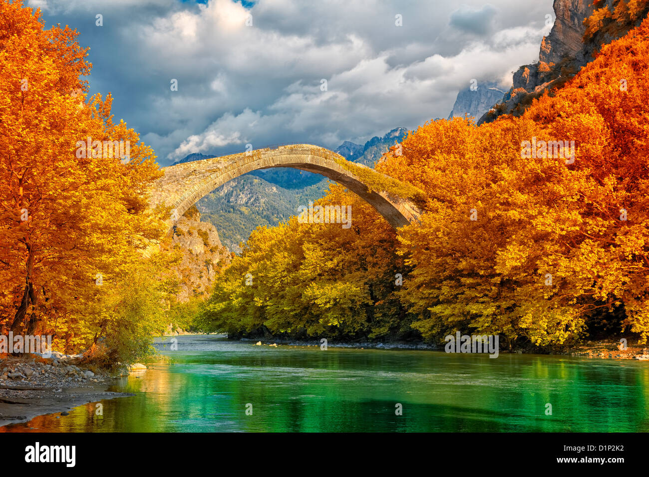 Overcast landscape of Konitsa bridge and Aoos River, Greece Stock Photo ...