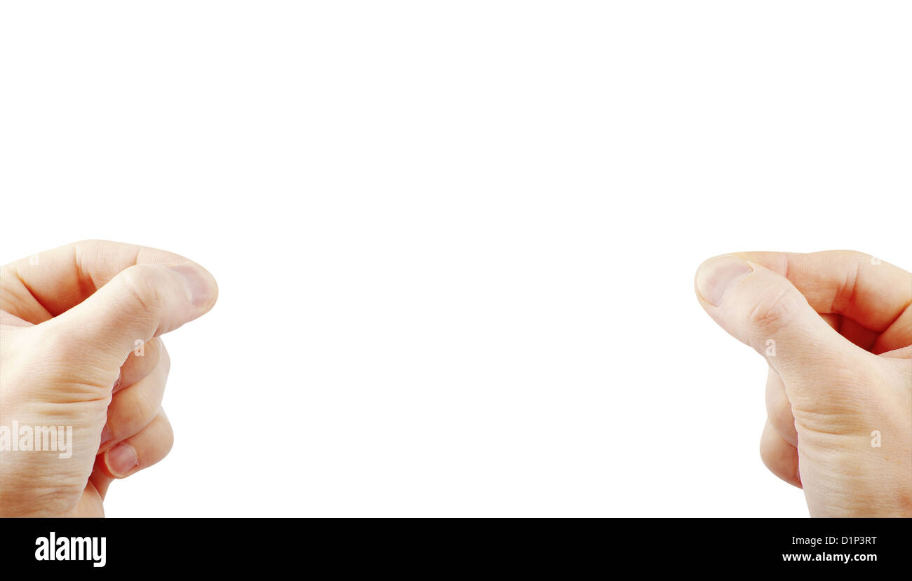 well shaped male hand and arm holding for something isolated on white ...