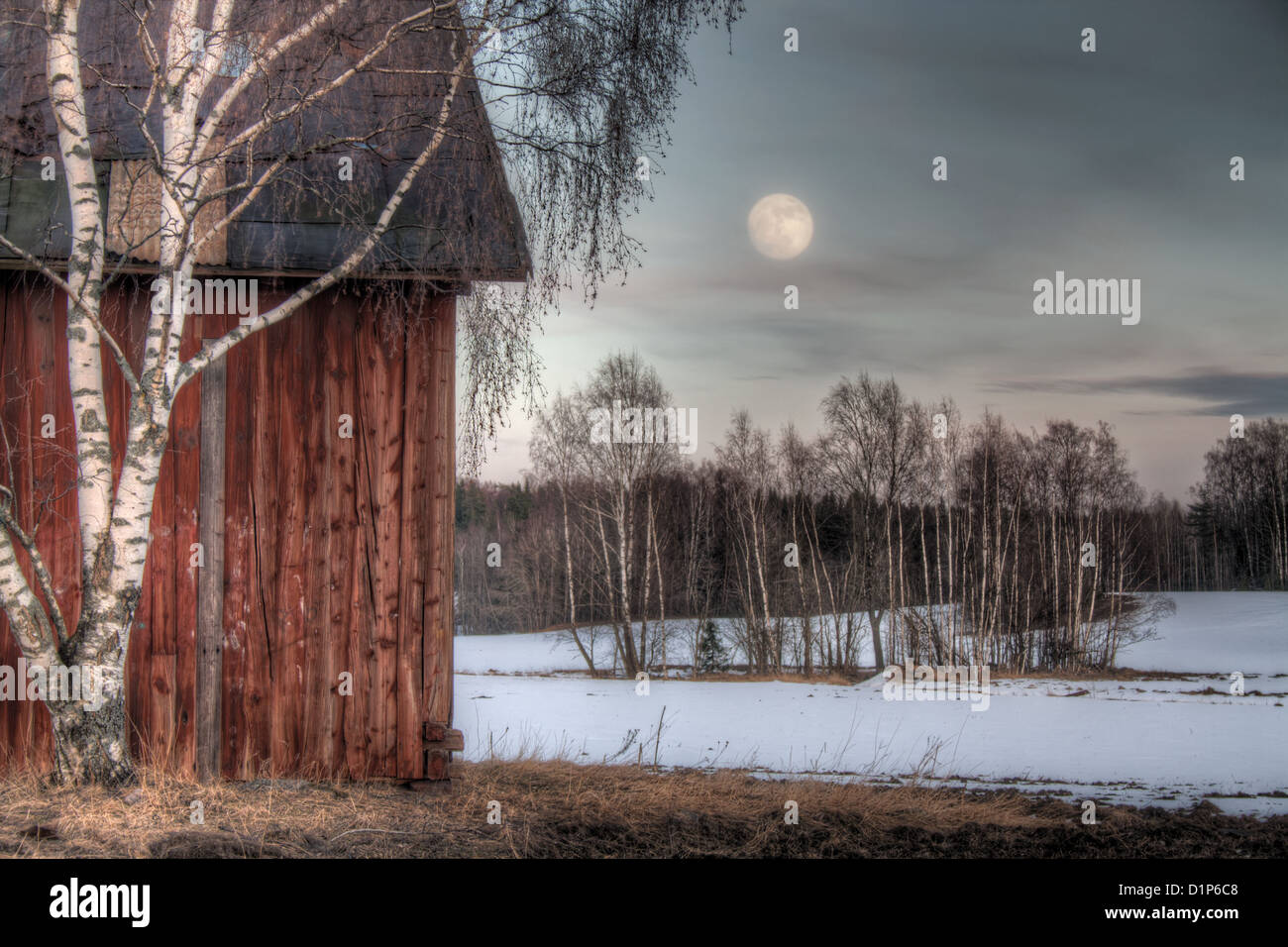 Old red barn in a countryside landscape with full moon Stock Photo - Alamy