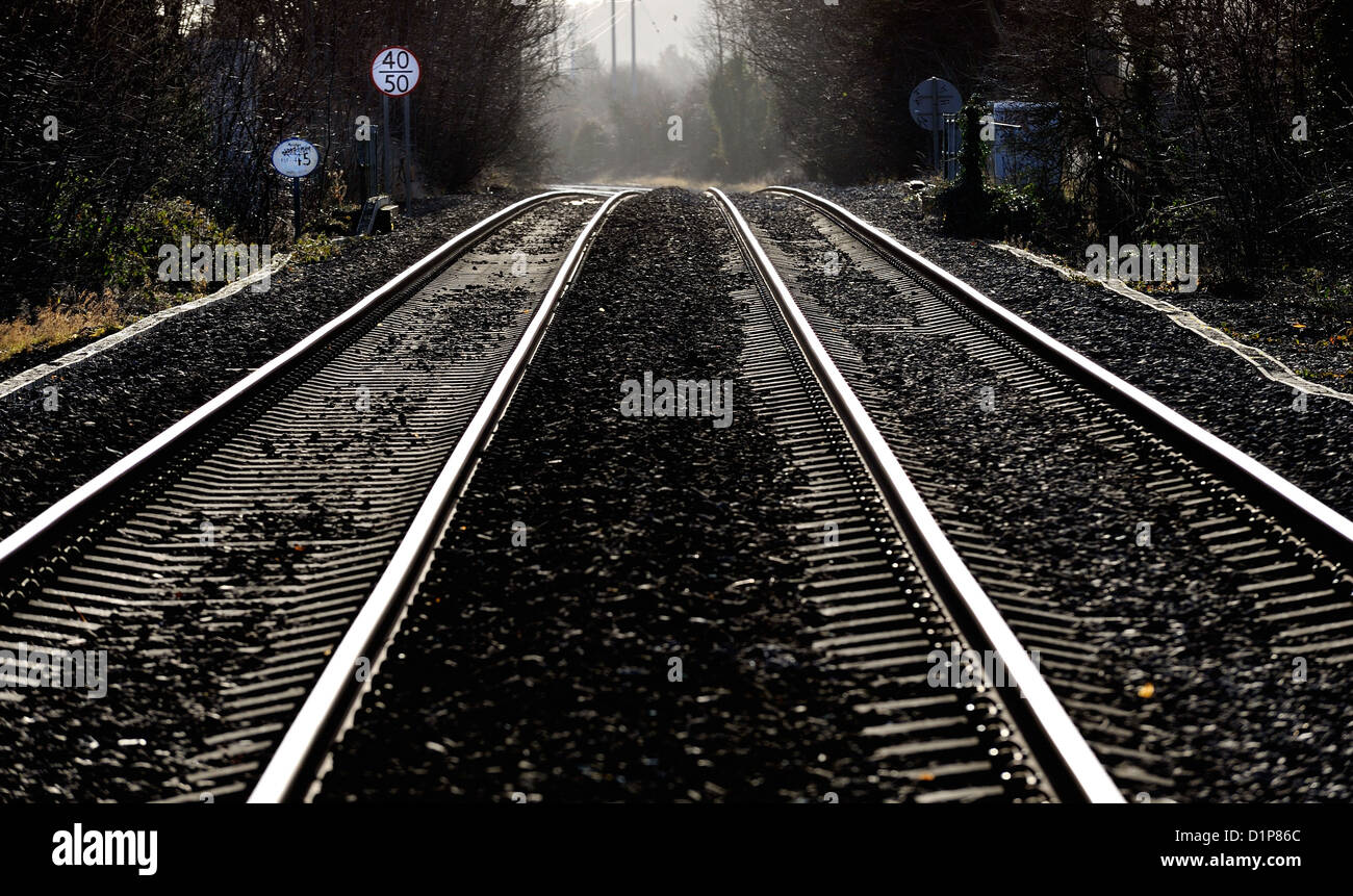 Two steel rail tracks with no train stretching out into the short ...