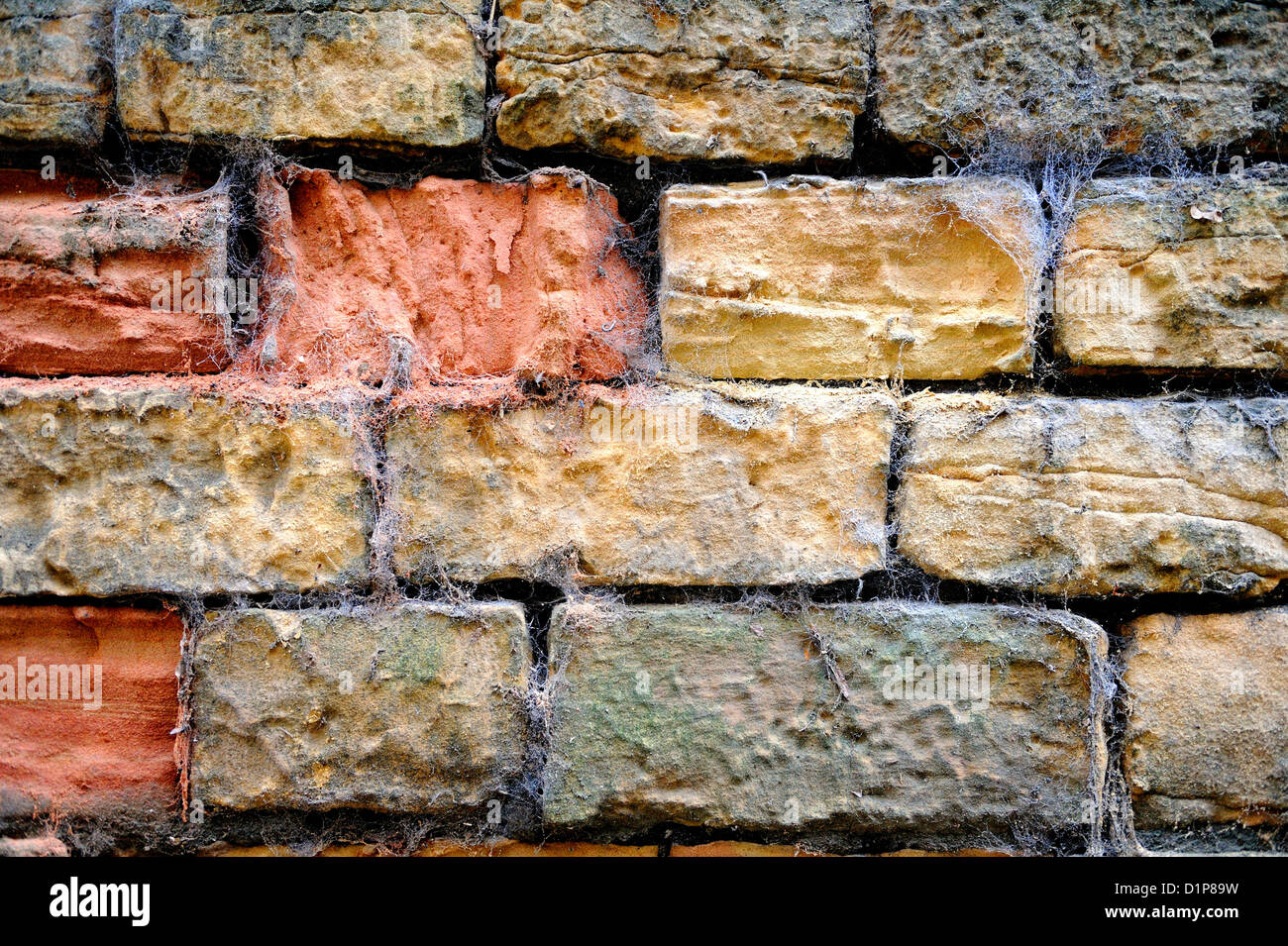 Old stone wall made from limestone and sandstone with little mortar ...