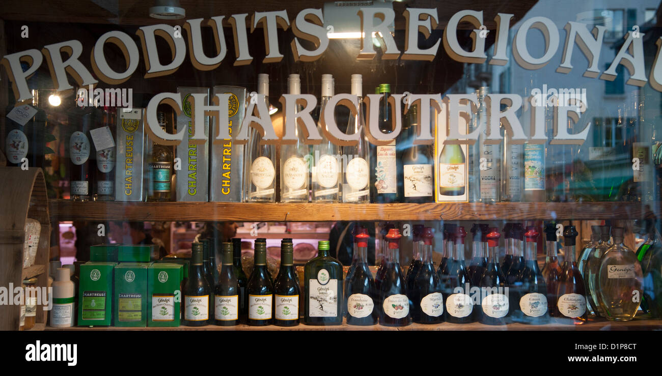 Shop window display with wine bottles, Chamonix, Rhone-Alpes, France ...
