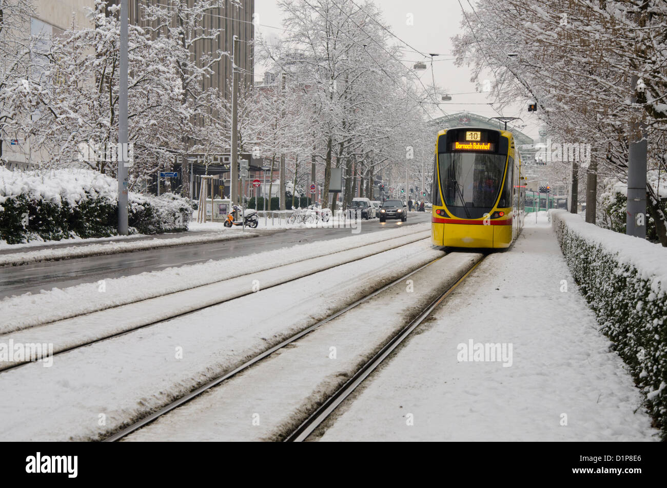Switzerland, Basel. Downtown Basel in winter. City public ...