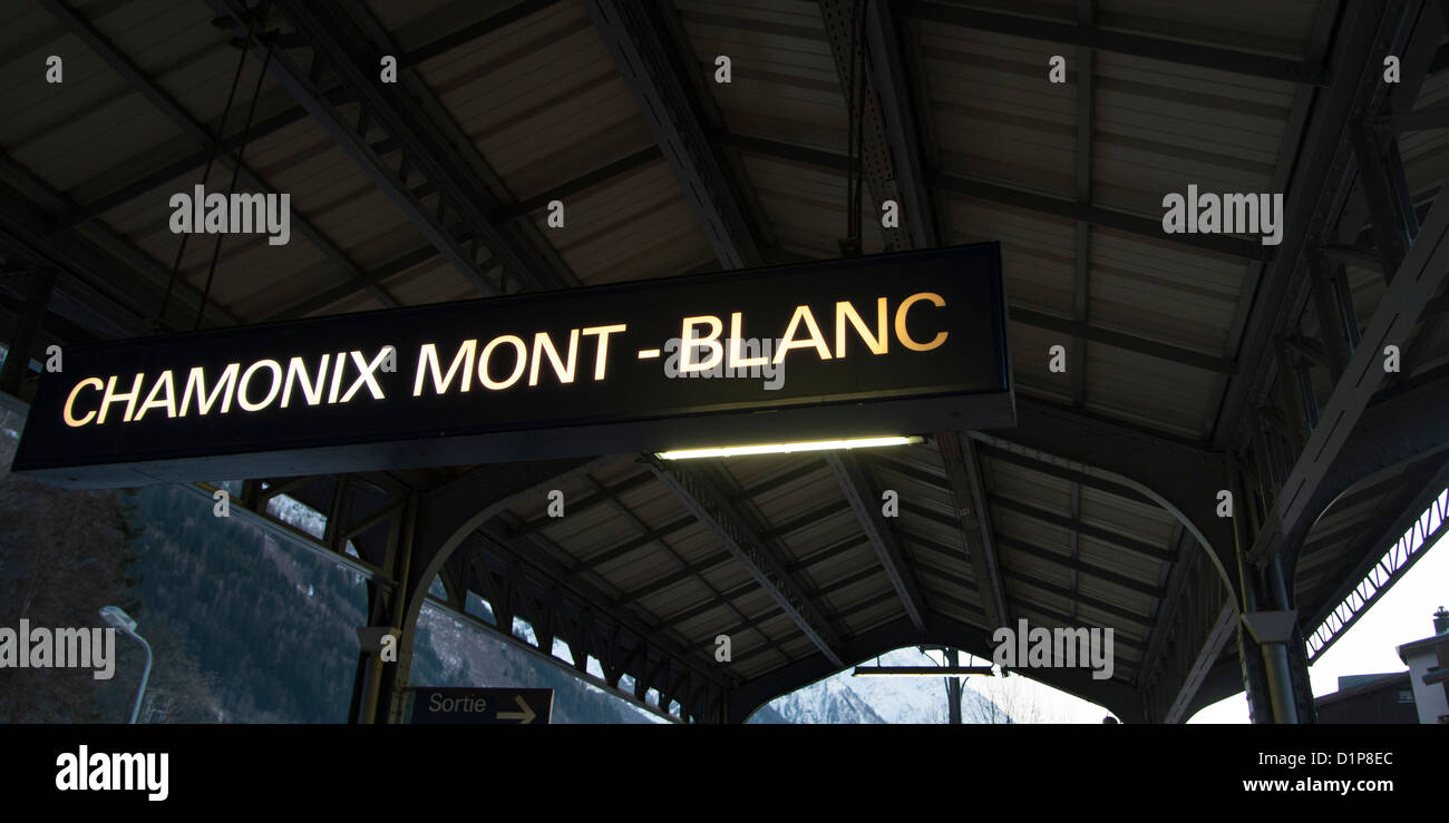 Neon sign at railroad station, Chamonix, Rhone-Alpes, France Stock ...