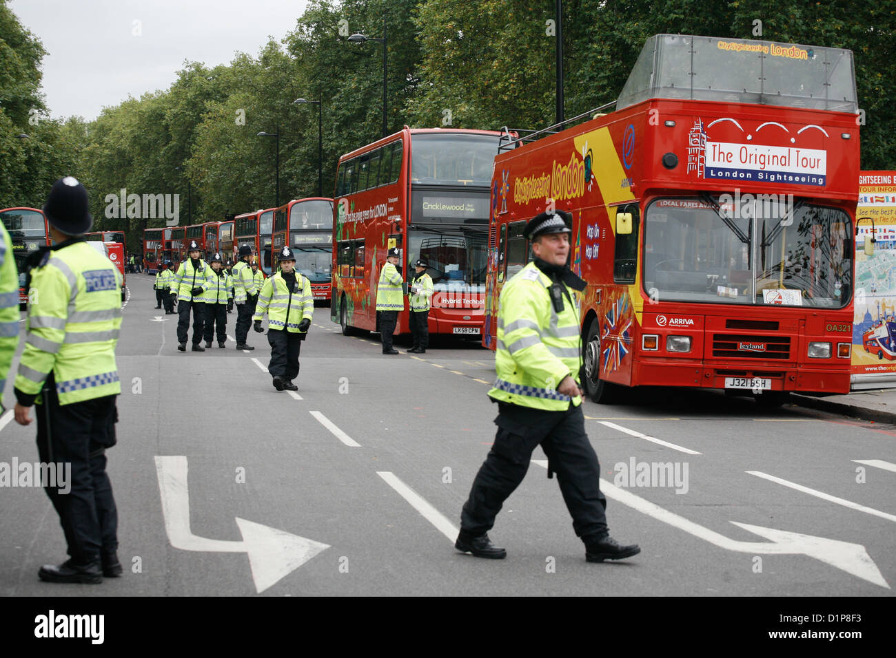 Police and buses parked up outside Hyde Park. Members of DPAC have ...