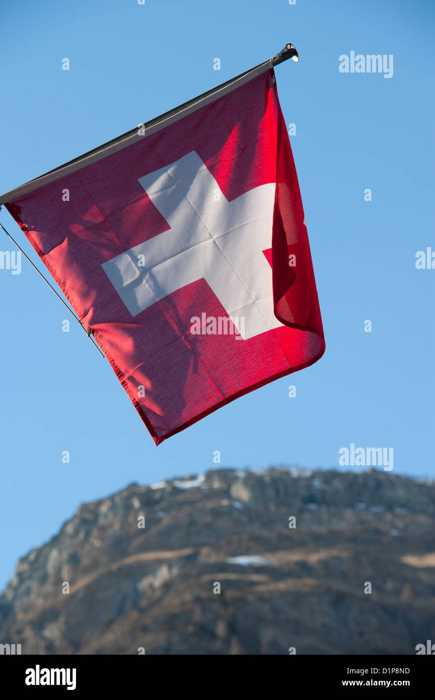 Low angle view of a Swiss Flag, Zermatt, Valais Canton, Switzerland ...