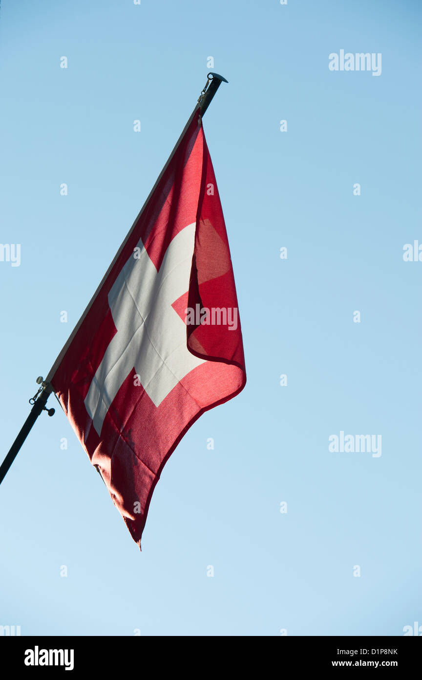 Low angle view of a Swiss Flag, Zermatt, Valais Canton, Switzerland ...