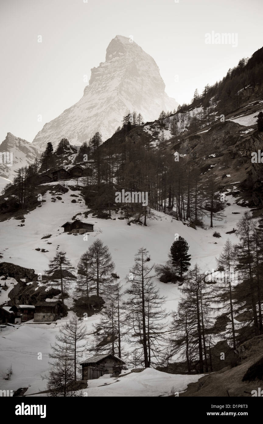 Snow covered mountains in winter, Mt Matterhorn, Zermatt, Valais Canton ...