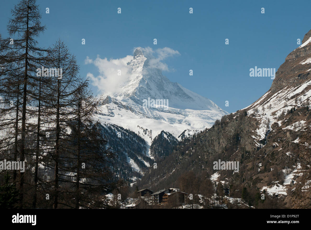 Snow covered mountains in winter, Mt Matterhorn, Zermatt, Valais Canton ...