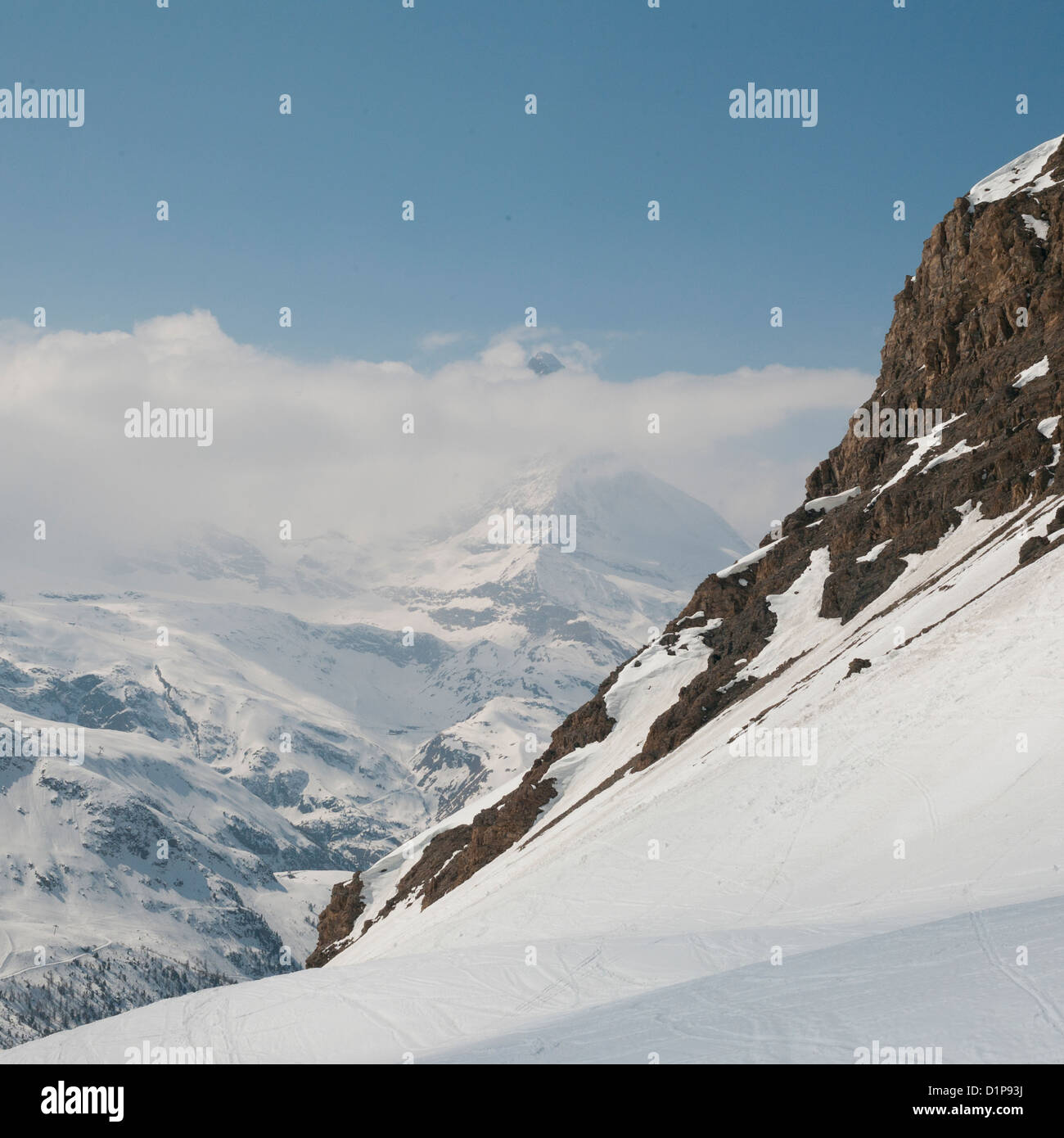 Snow covered mountains in winter, Mt Matterhorn, Zermatt, Valais Canton ...