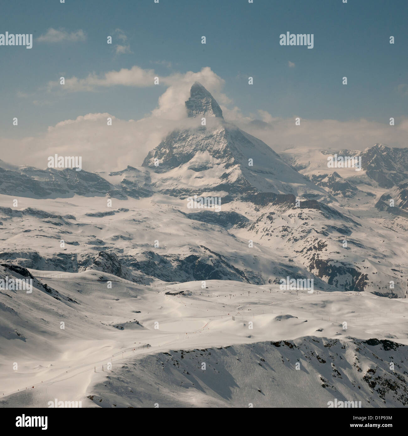 Snow covered mountains in winter, Mt Matterhorn, Zermatt, Valais Canton ...