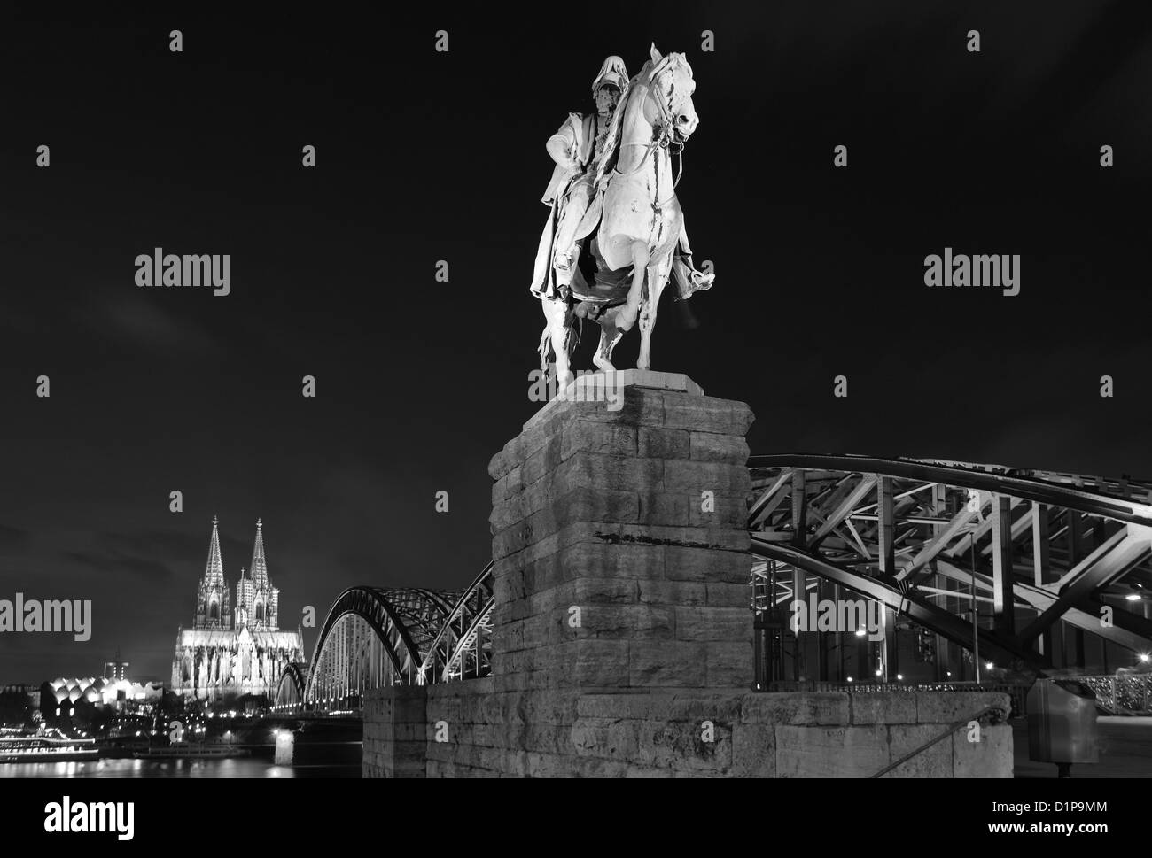 Landscape, Cologne City at night, Cologne Cathedral, Statue of Kaiser ...