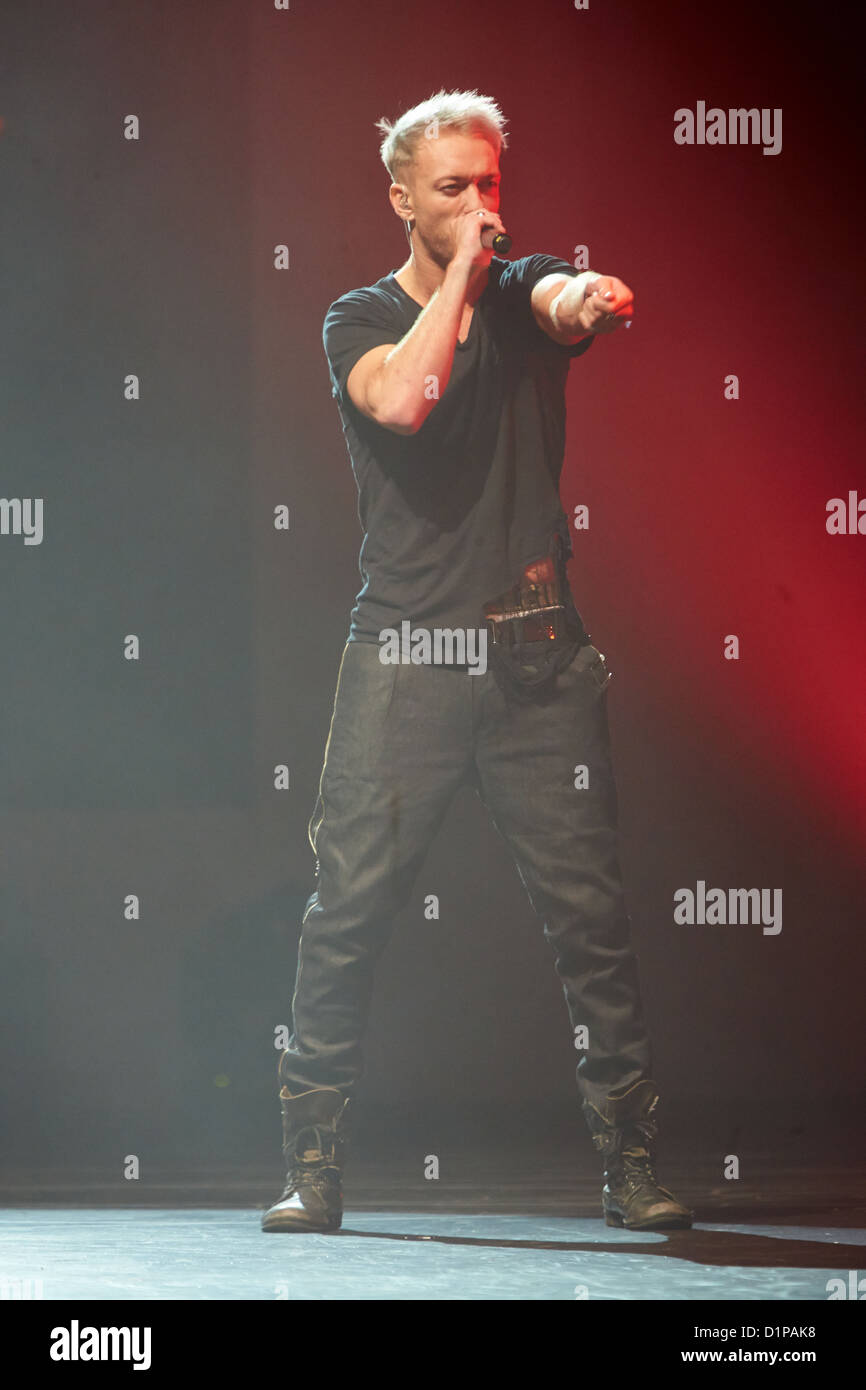 Luke White (pictured) from boyband Times Red performs during the ...