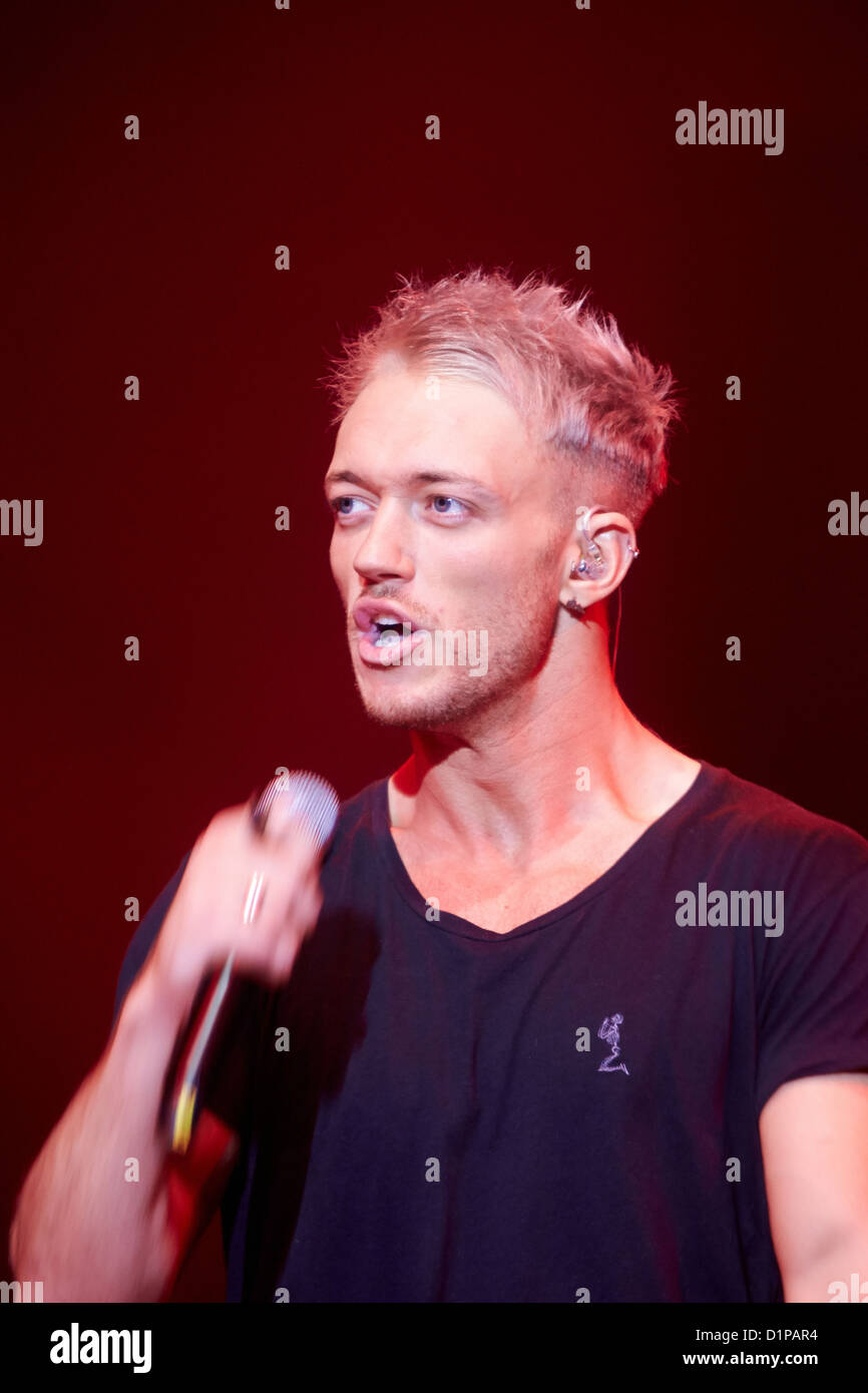 Luke White (pictured) from boyband Times Red performs during the ...
